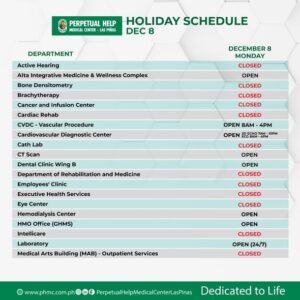 Holiday Schedule - Perpetual Help Medical Center